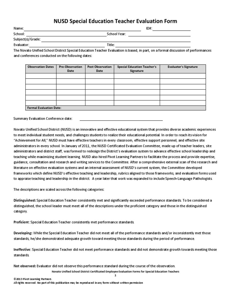Special Education Teacher Evaluation Form | PDF | Special Education ...