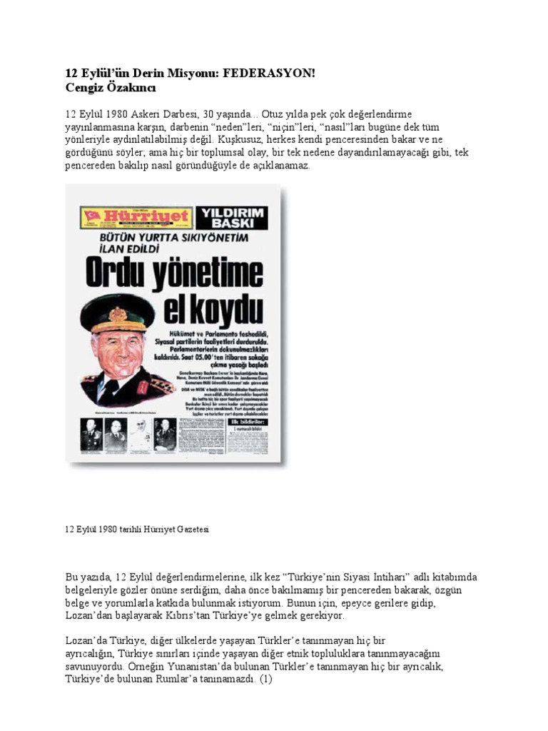 12 Eylül'ün Derin Misyonu: FEDERASYON! / Cengiz Özakıncı | PDF