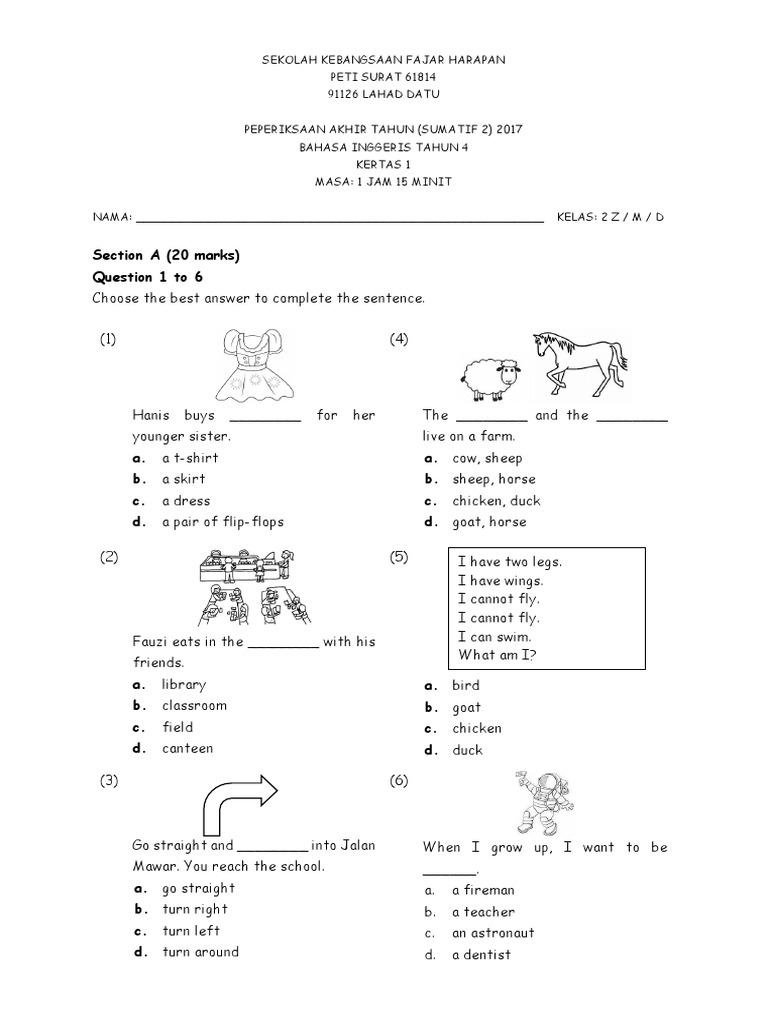 Year 2 English PAT Exam Paper 2017 | PDF