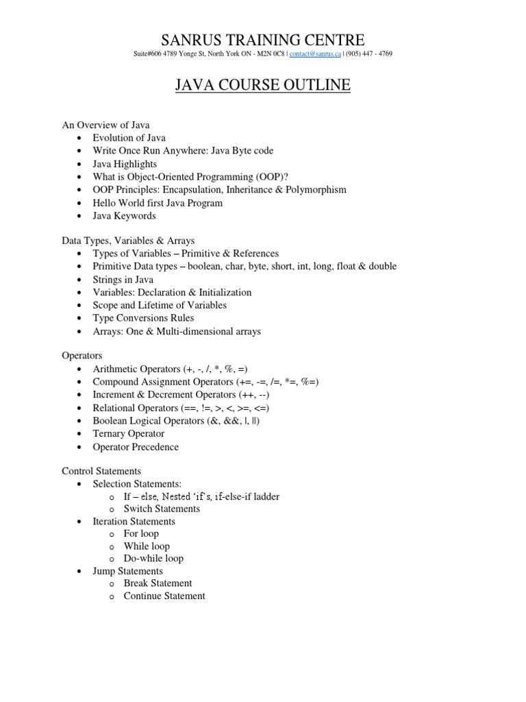 Java Course Outline | PDF | Method (Computer Programming) | Class (Computer Programming)