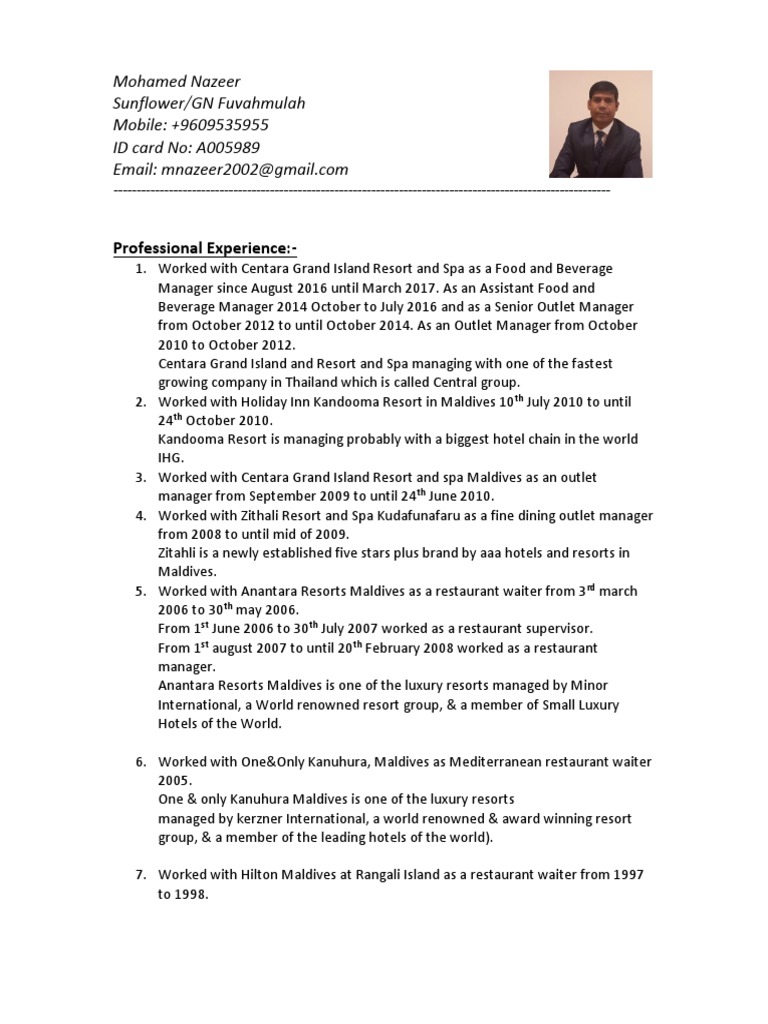 Mohamed Nazeer CV | PDF | Profit (Accounting) | Resort