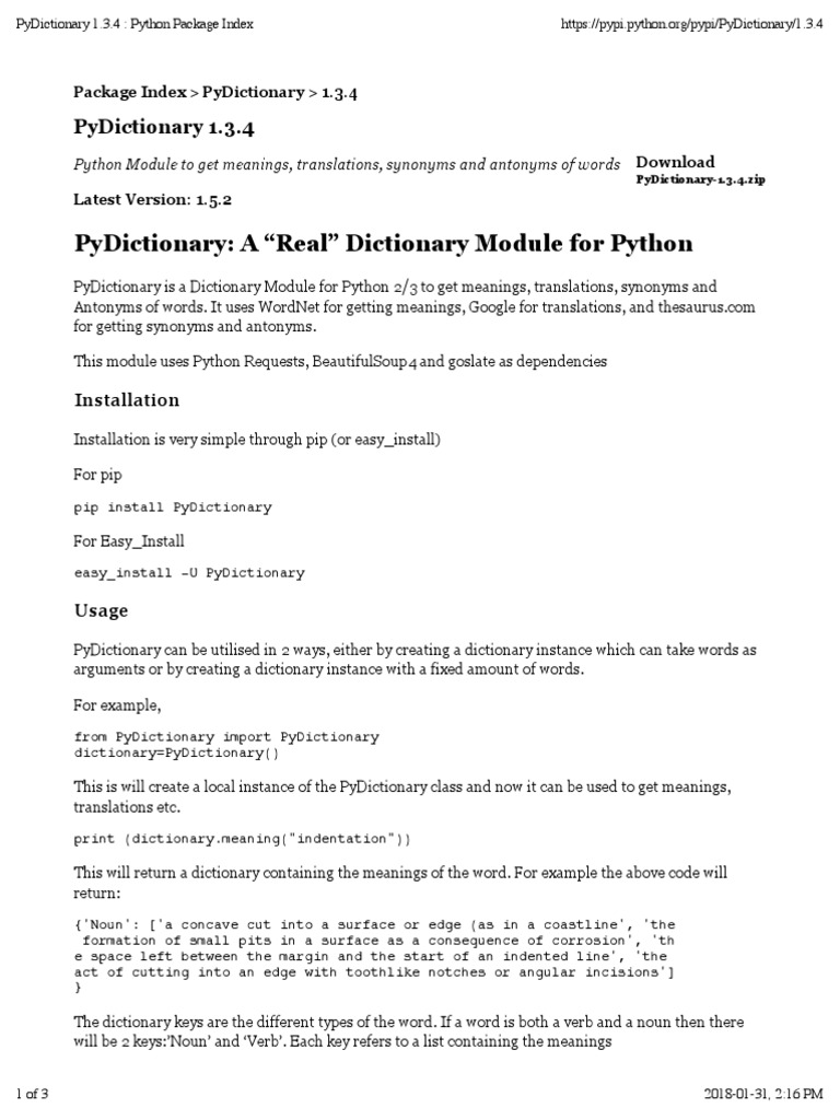 PyDictionary 1.3.4: Python Package Index | PDF | Vocabulary | Python (Programming Language)