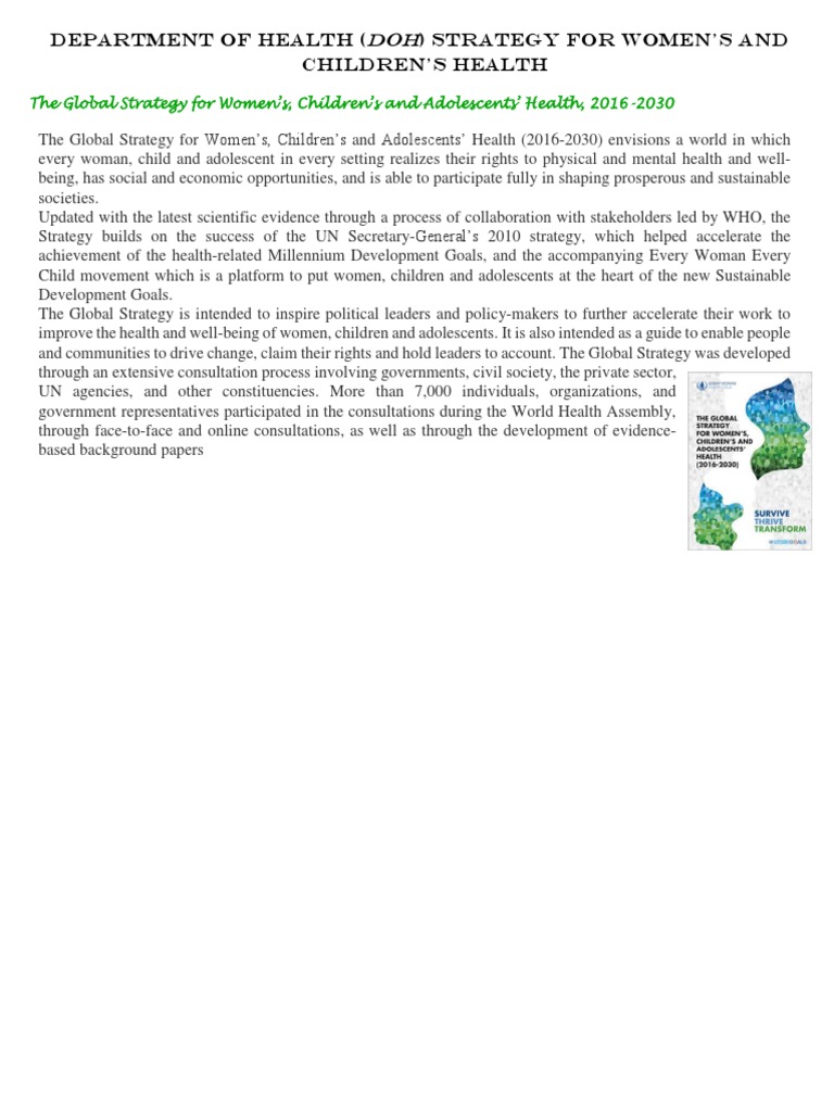 Department of Health (Doh) Strategy For Women's and Children's Health | PDF