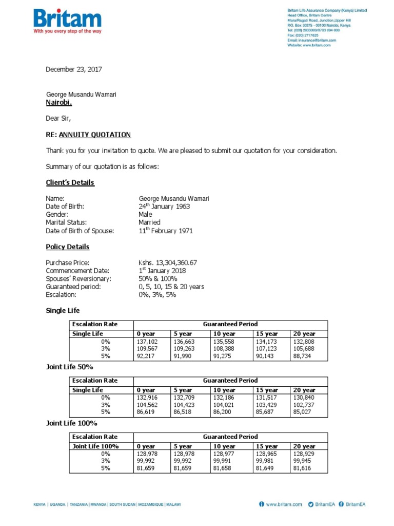 Annuity Quote - George Musandu Wamari | PDF | Annuity (European ...