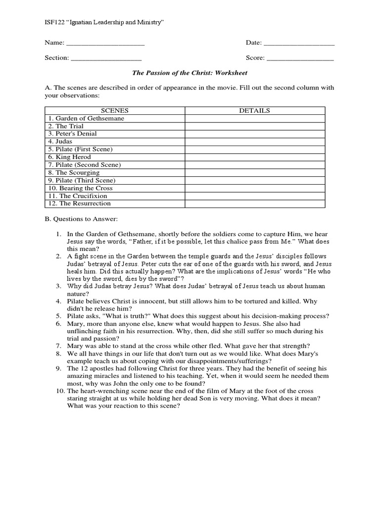 Passion of the Christ: Scene Analysis Worksheet | PDF | Judas Iscariot ...