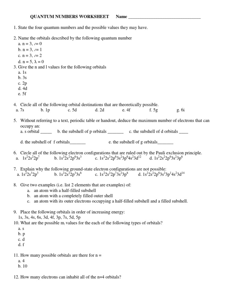 Quantum Numbers Practice Worksheet | PDF | Electron Configuration ...