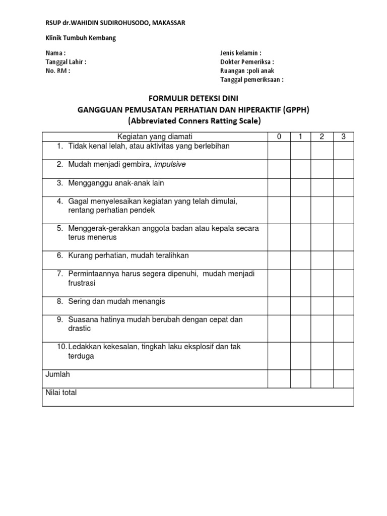 Formulir Deteksi Dini GPPH Anak | PDF | Pengembangan Diri | Kesehatan ...