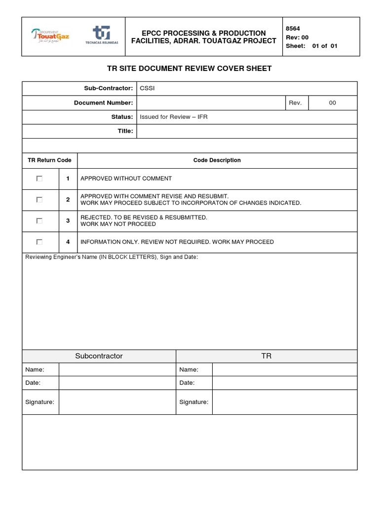 TR Site Document Review Cover Sheet: Epcc Processing & Production ...