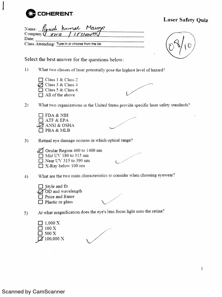 Laser Safety Quiz Answers | PDF