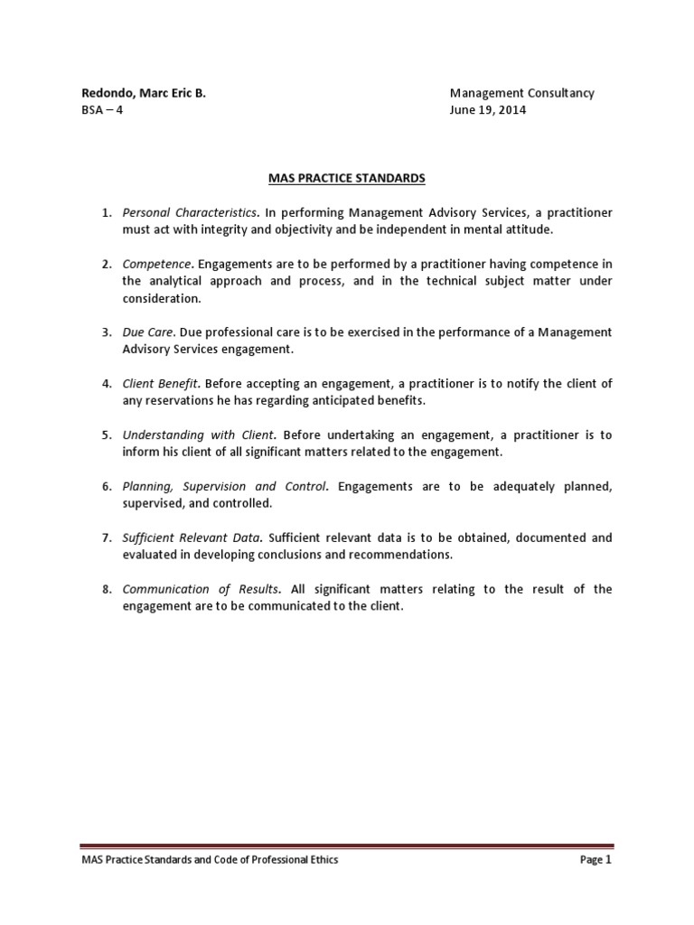 Redondo, Marc Eric B.: MAS Practice Standards and Code of Professional Ethics | PDF ...