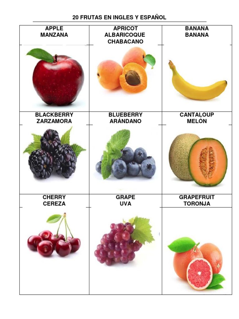 20 Frutas en Ingles y Español, Verduras | PDF