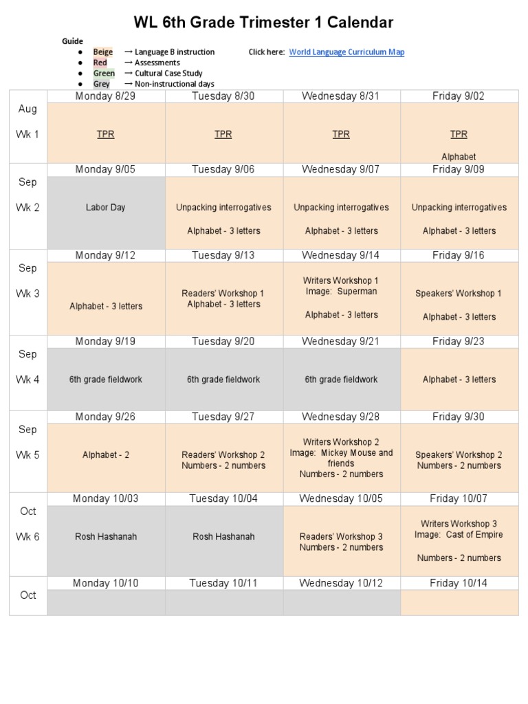 6th Grade WL Trimester 1 Calendar | PDF | Hebrew Calendar | Observances