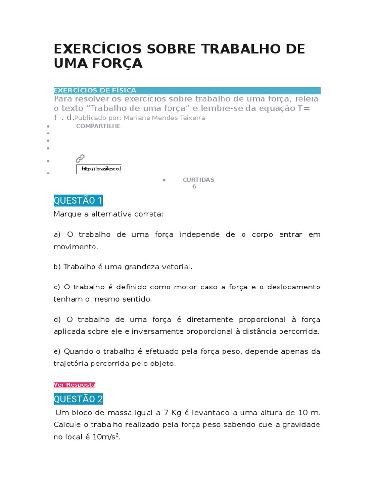 15 Exercícios Sobre Trabalho de Uma Força | PDF | Deslocamento (vetor ...