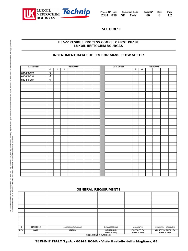 Instrument Data Sheets For Mass Flow Meter: 610-FT-027 0 610-FT-031 0 ...