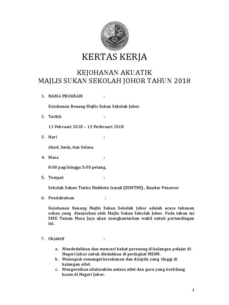 Kertas Kerja Renang SMKTNJ 2018 | PDF