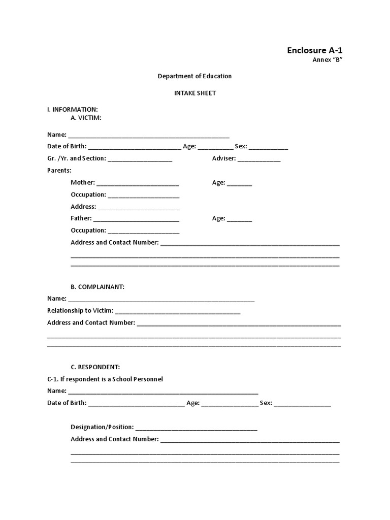 Child Protection Intake Sheet and Enclosures | Juvenile Delinquency ...