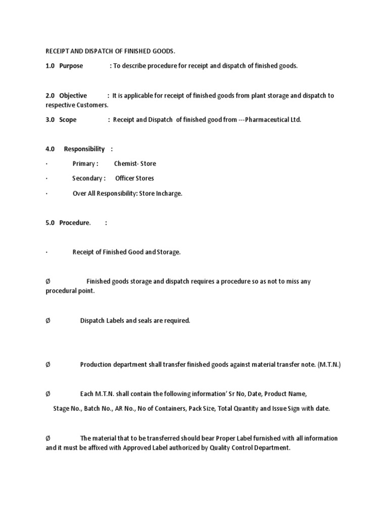 335800964 Receiving and Dispatch of Goods SOP and Template | Invoice ...