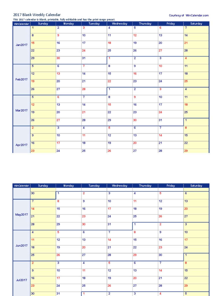 2017 Blank Weekly Calendar: This 2017 Calendar Is Blank, Printable ...