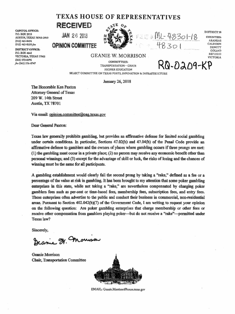 Rep. Geanie Morrison Request For Opinion | PDF | Gambling | Government