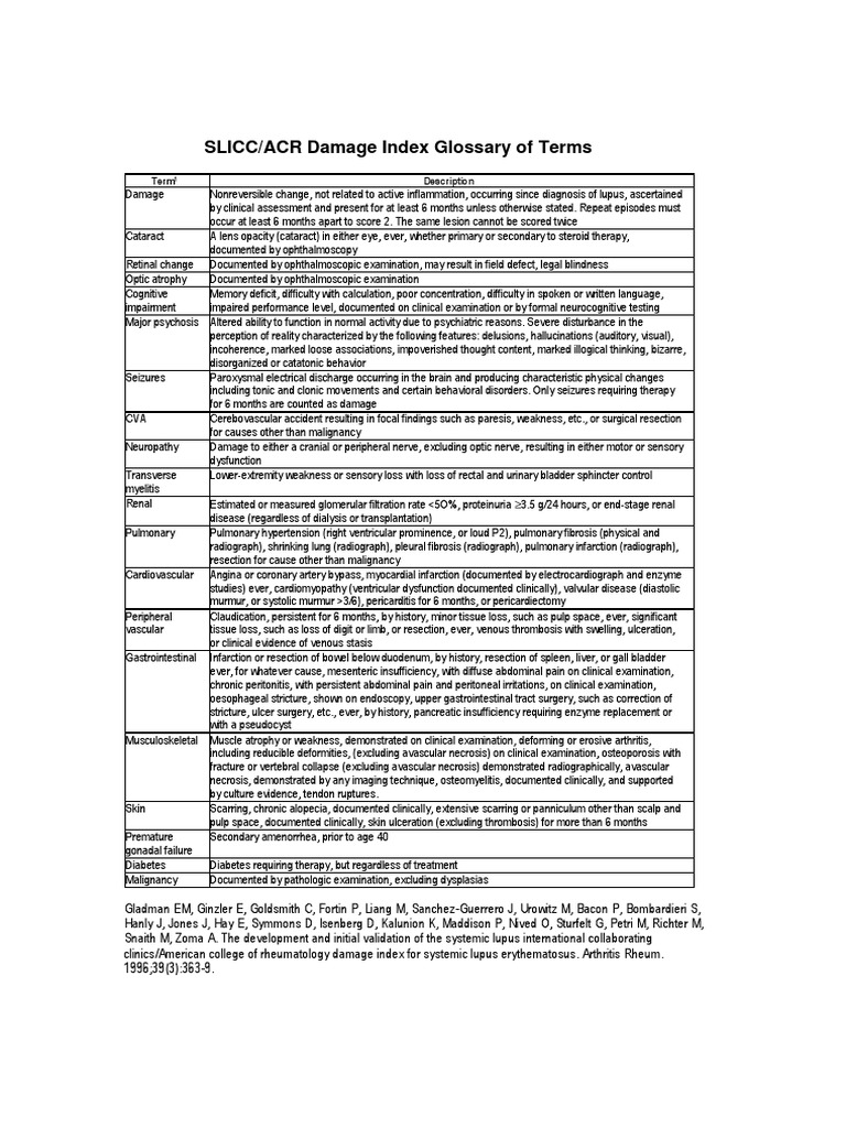 A Glossary of Terms for the SLICC/ACR Damage Index for Systemic Lupus ...
