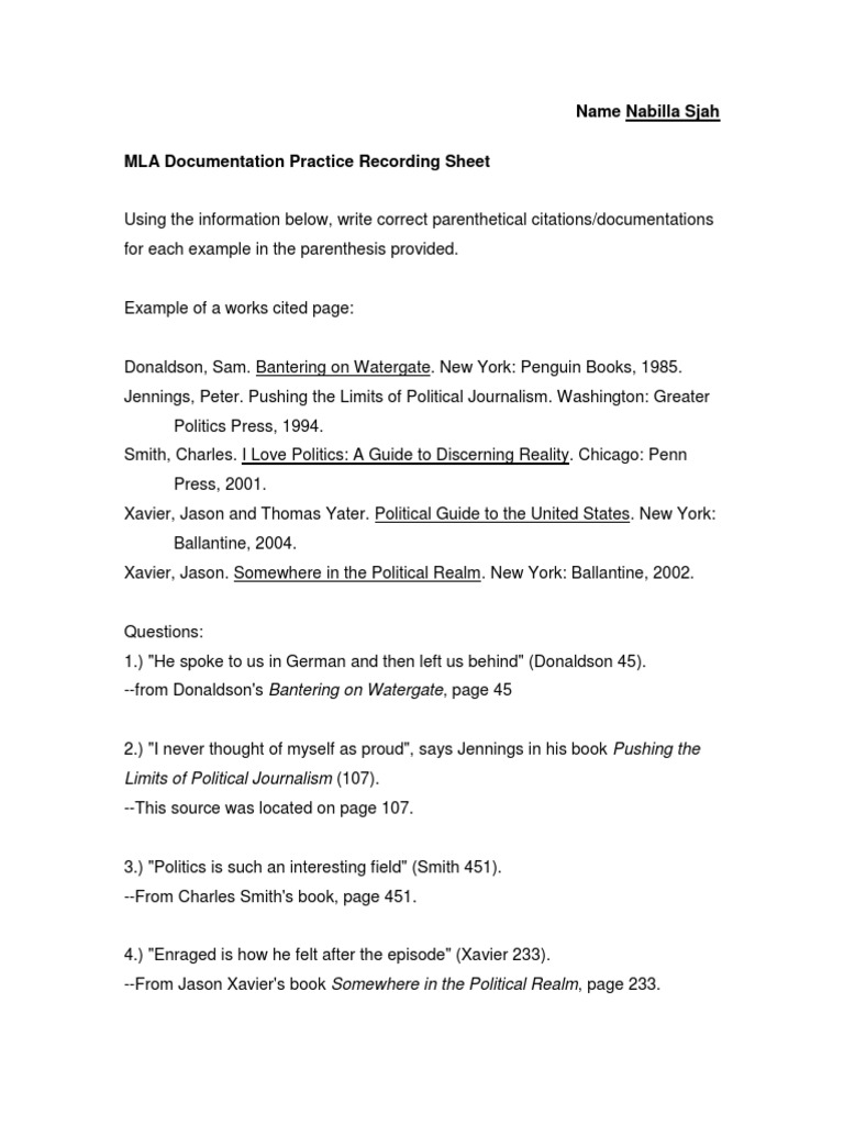 Mla Documentation Nabilla | PDF | Citation | Plagiarism