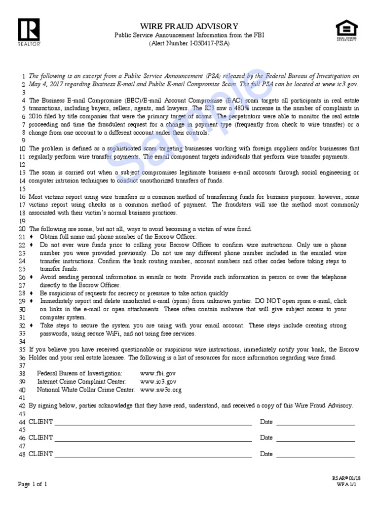 Wire Fraud Advisory 2018 Sample | Email Spam | Fraud