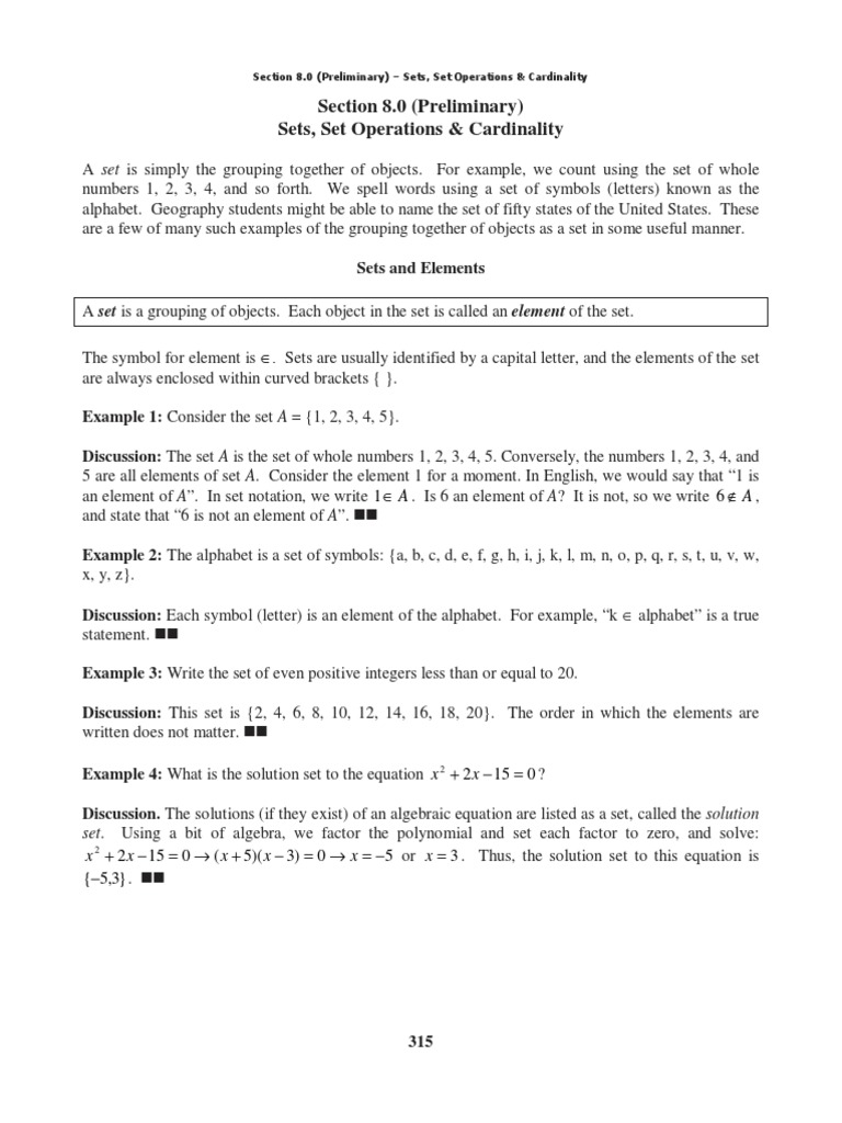 Section 8.0 (Preliminary) Sets, Set Operations & Cardinality | PDF ...