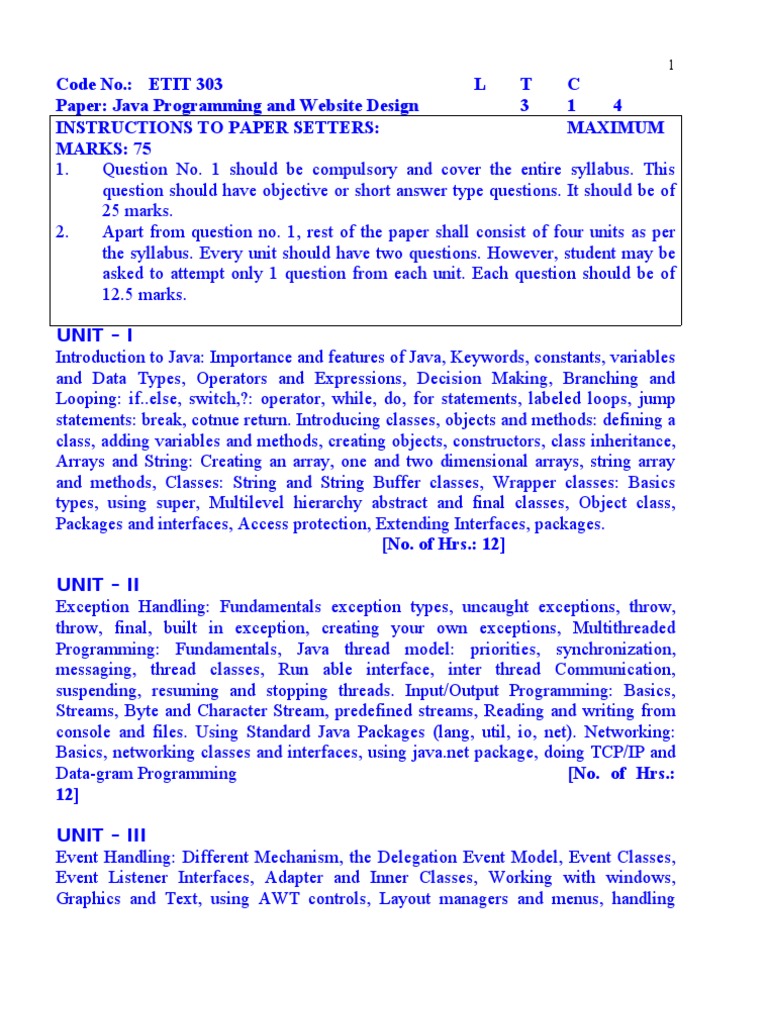 Code No.: ETIT 303 L T C Paper: Java Programming and Website Design 3 1 4 Instructions To Paper ...