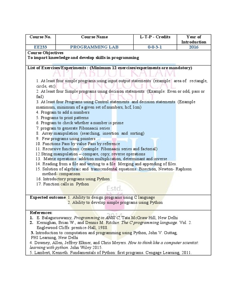 EE233 Programming Lab | PDF | C (Programming Language) | Computer Programming