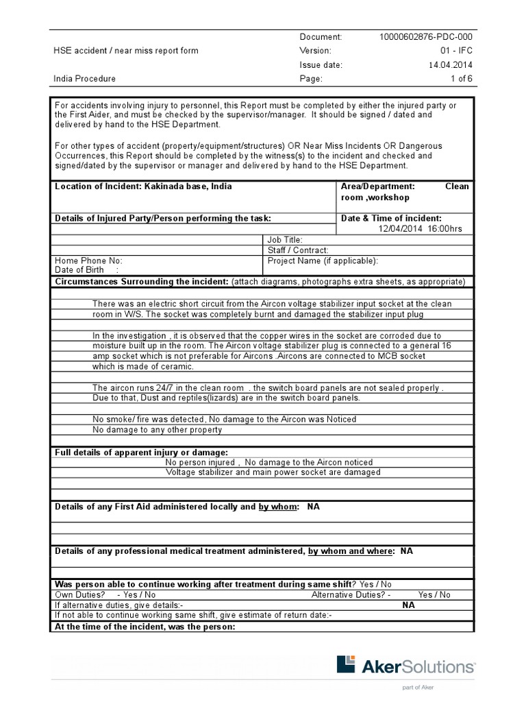 Near Miss and Accident Form | Switch | Electrical Engineering