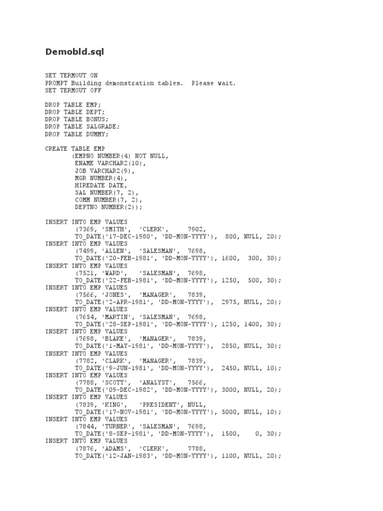 Demobld.sql: Demo Table Creation | PDF | Databases | Sql