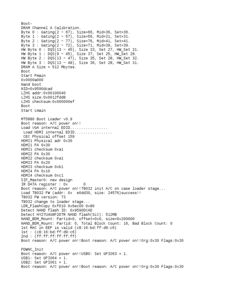 DRAM Channel Calibration Results and Boot Logs from MediaTek MT5880 System | PDF | Booting ...