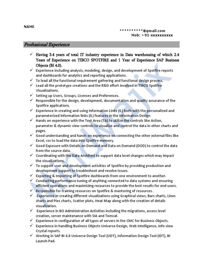 Tibco Spotfire Sample Resume 1 | Visualization (Graphics) | Microsoft ...