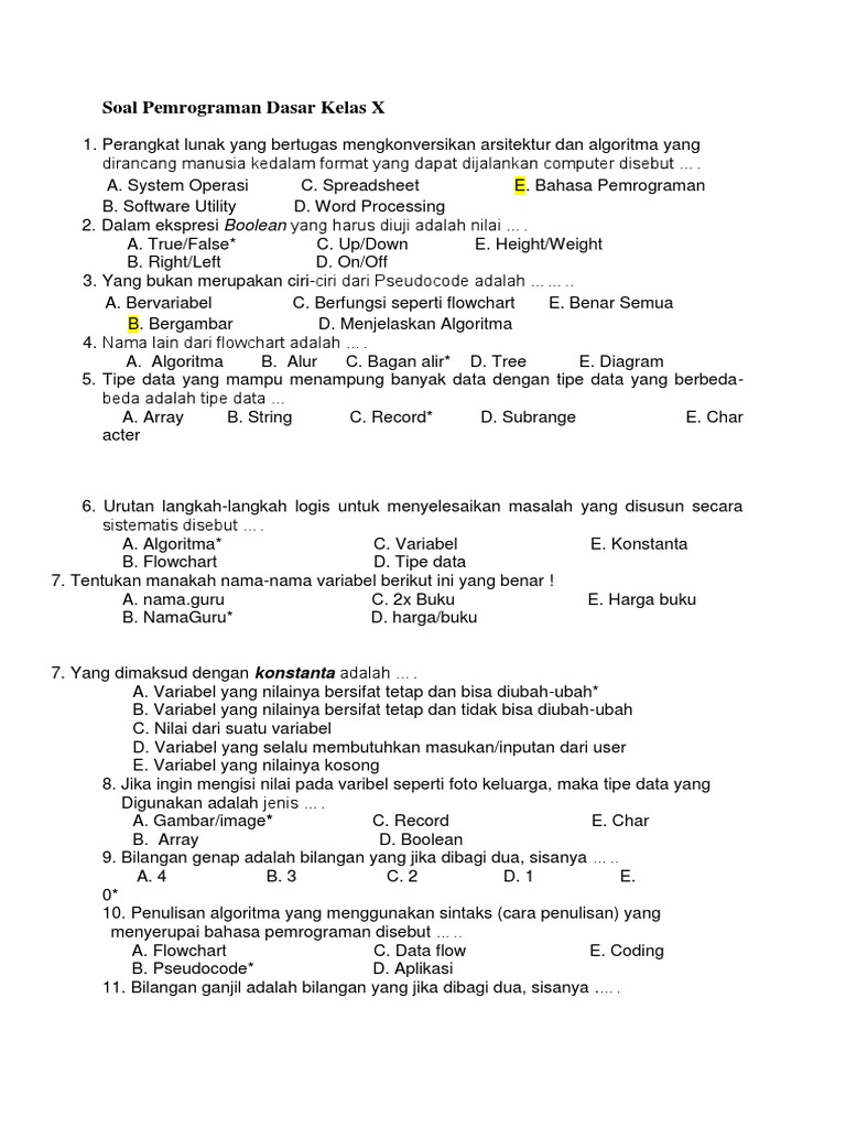 Soal Pemrograman Dasar Kelas X | PDF