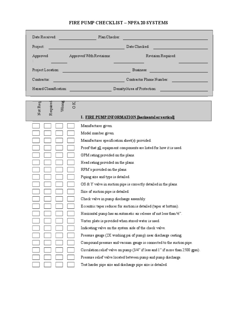 Fire Pump Checklist | Pump | Diesel Engine