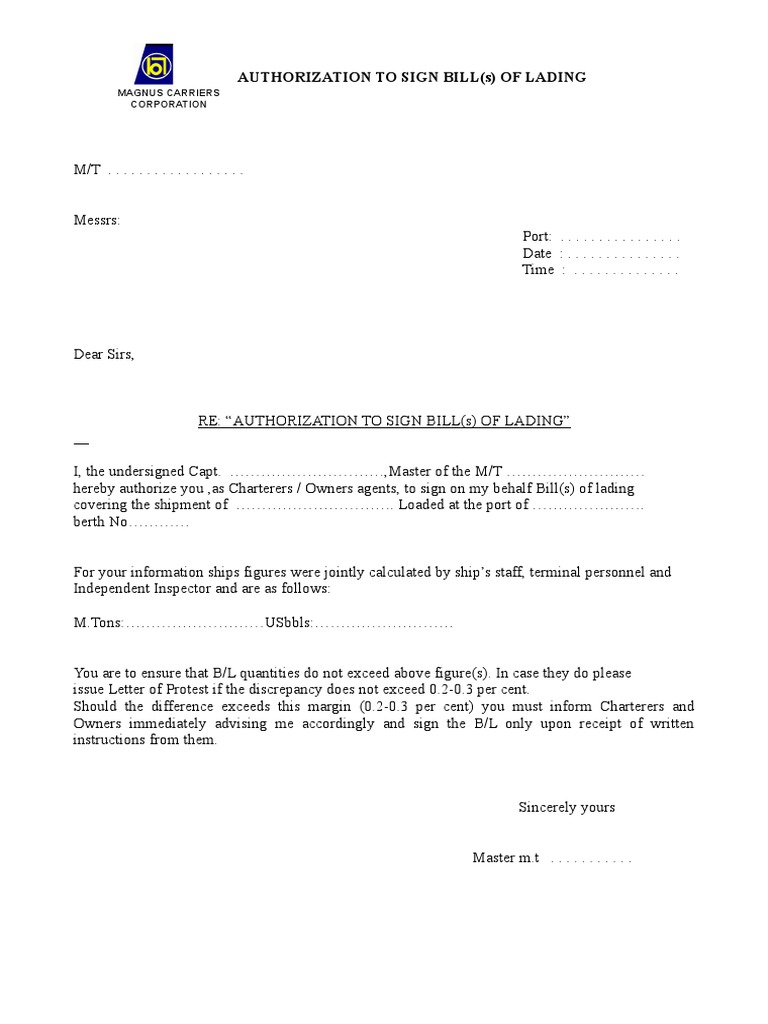 Authorization to Sign Bl