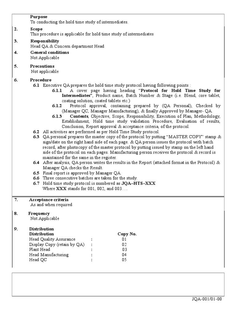Hold Time Study Protocol for Intermediates | PDF | Quality Assurance ...