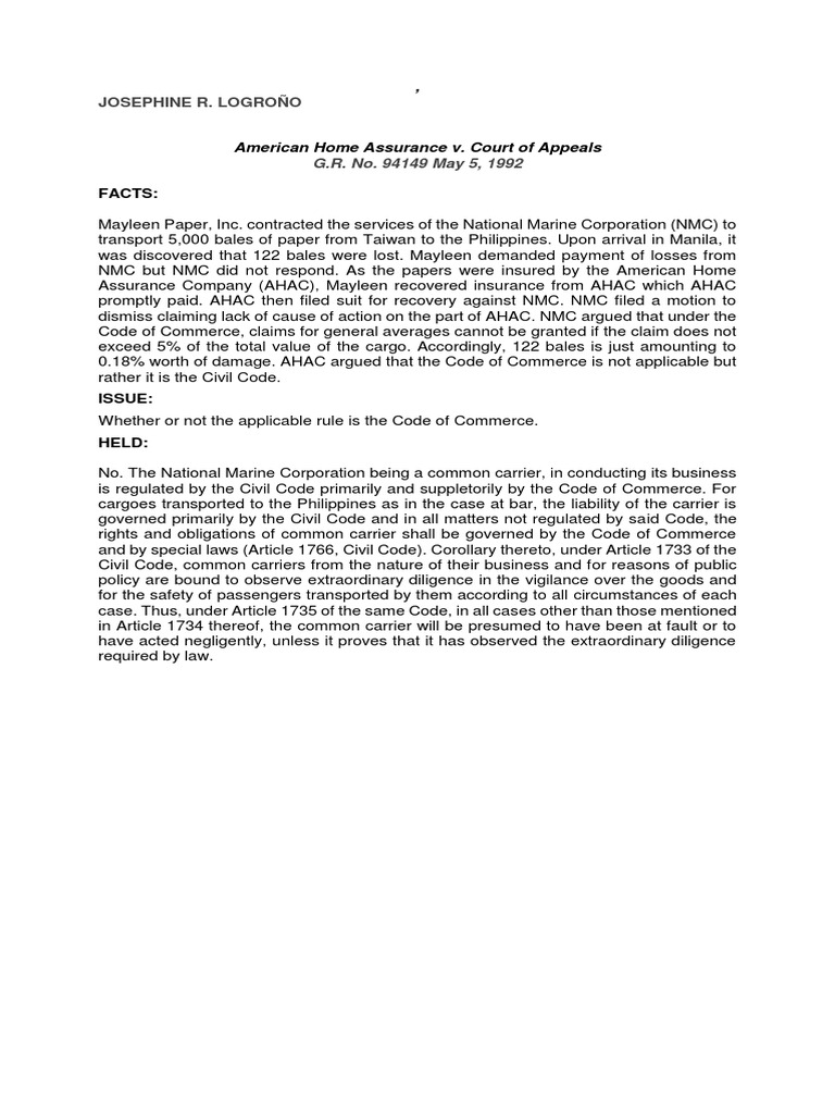 Carrier Liability in Cargo Loss Cases | PDF | Cargo | Consignee