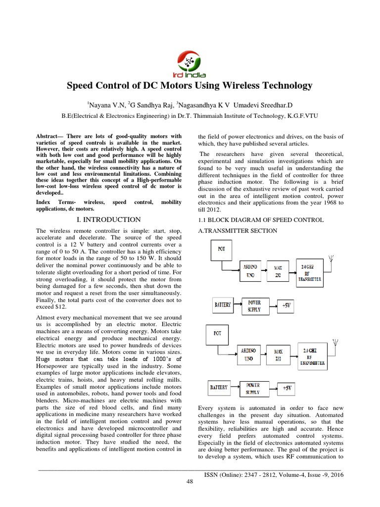 Speed Control of DC Motors Using Wireless Technology: Nayana V.N, G Sandhya Raj, Nagasandhya K V ...