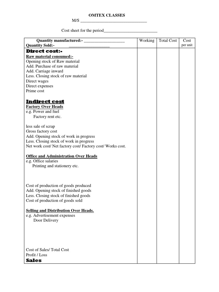 Cost Sheet Format