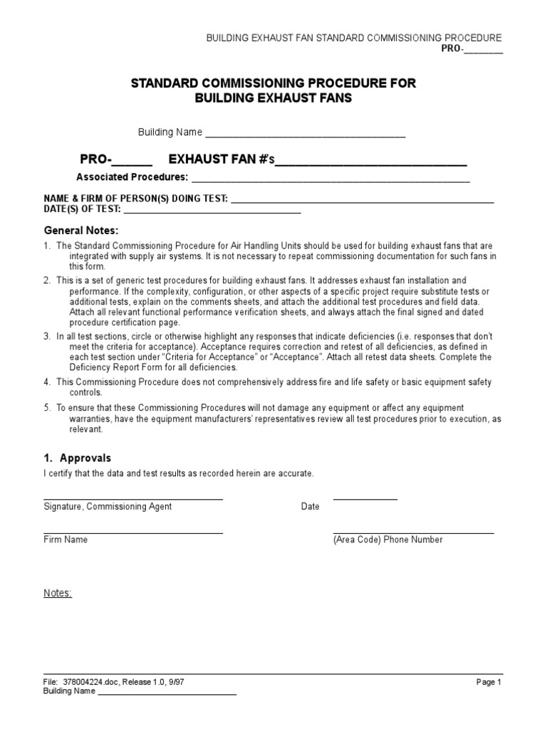 Standard Commissioning Procedure For Building Exhaust Fans: General ...