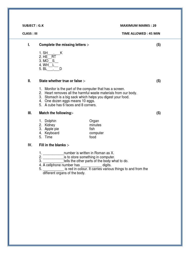 Grade 3 General Knowledge Quiz | PDF