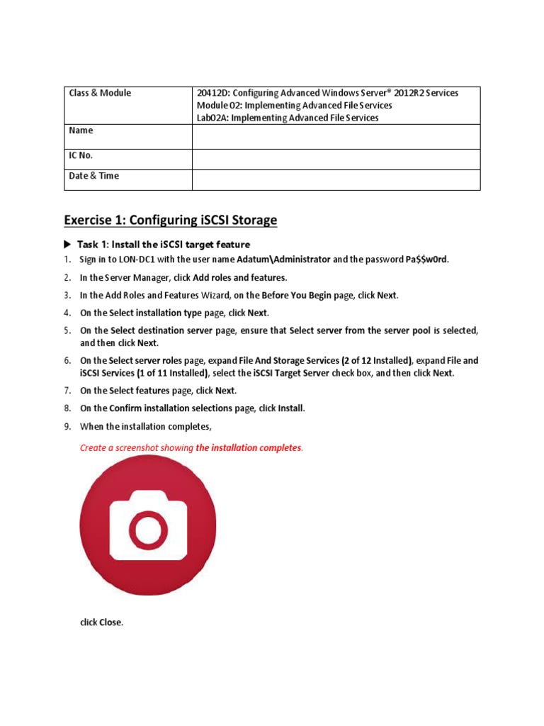 20412D Lab02A Ex01 Configuring ISCSI Storage Template | PDF | Server (Computing) | System Software