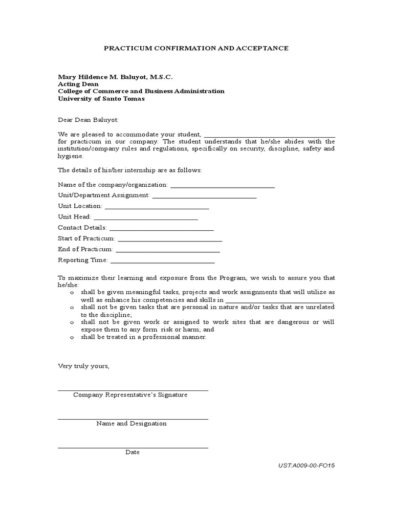 Practicum Confirmation Letter Template | PDF