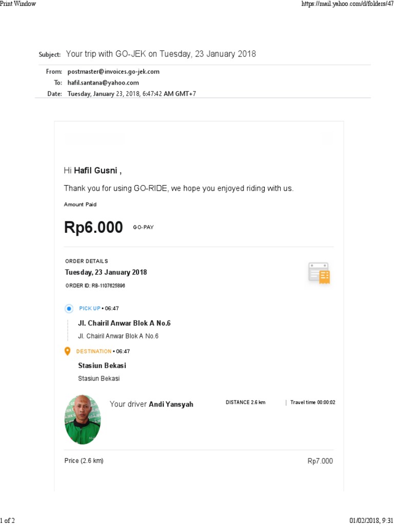 Example of Gojek Invoice