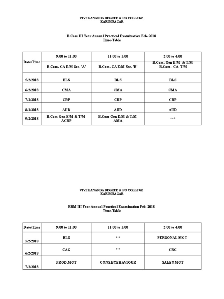 III Year Practical Time Table 2017-18 | PDF | Science & Mathematics