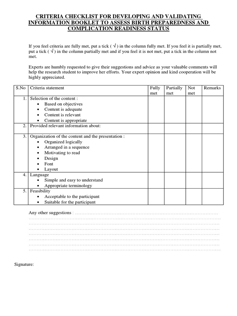 Birth Preparedness Criteria Checklist | PDF