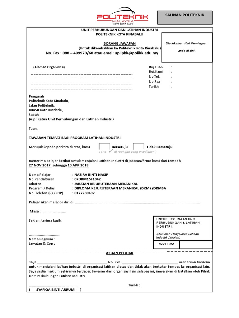 Borang Jawapan Latihan Industri Li Dis2017 | PDF