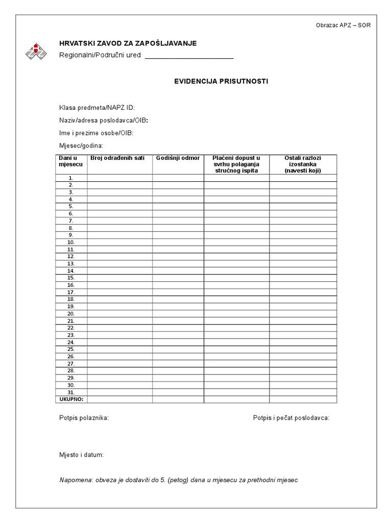 Obrazac-evidencija prisutnosti