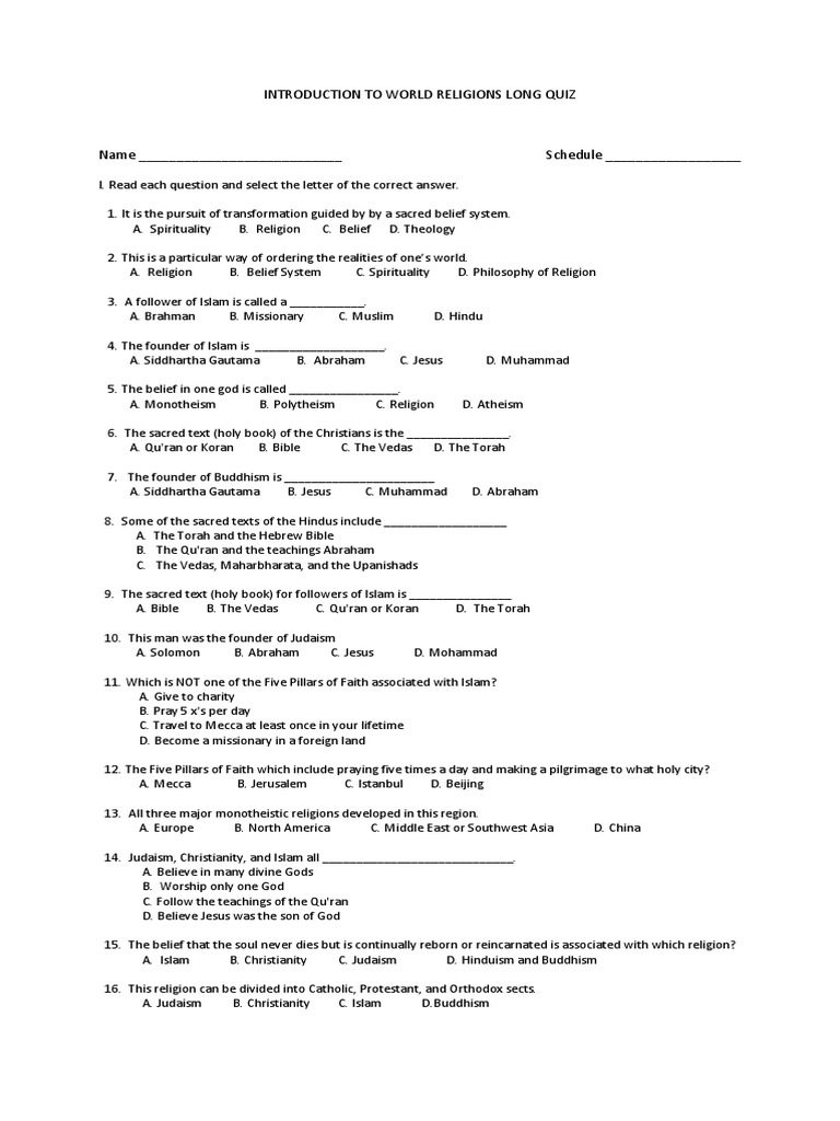 1ntro To World Religion Quiz | PDF | Monotheism | Deities